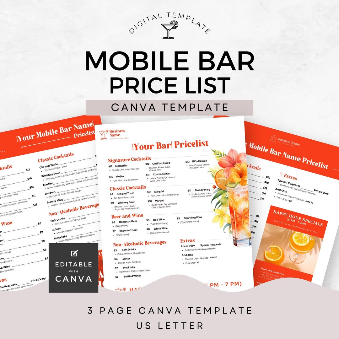Mixologist Price List Flyer Bartender Leaflet Mobile Cocktail Bar Canva ...
