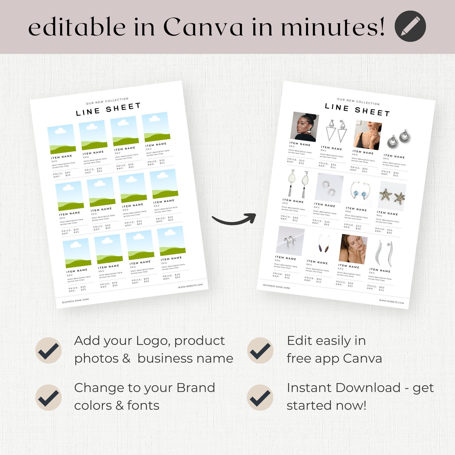 Wholesale Line Sheet Jewelry With Photos, Canva Template, Small ...