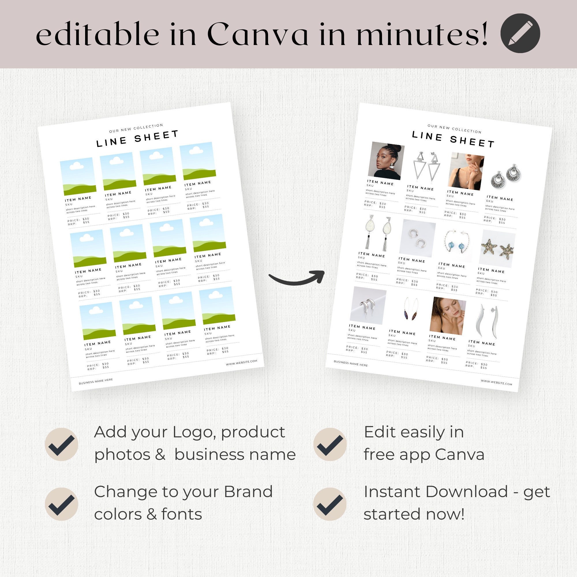 Wholesale Line Sheet Jewelry With Photos, Canva Template, Small ...