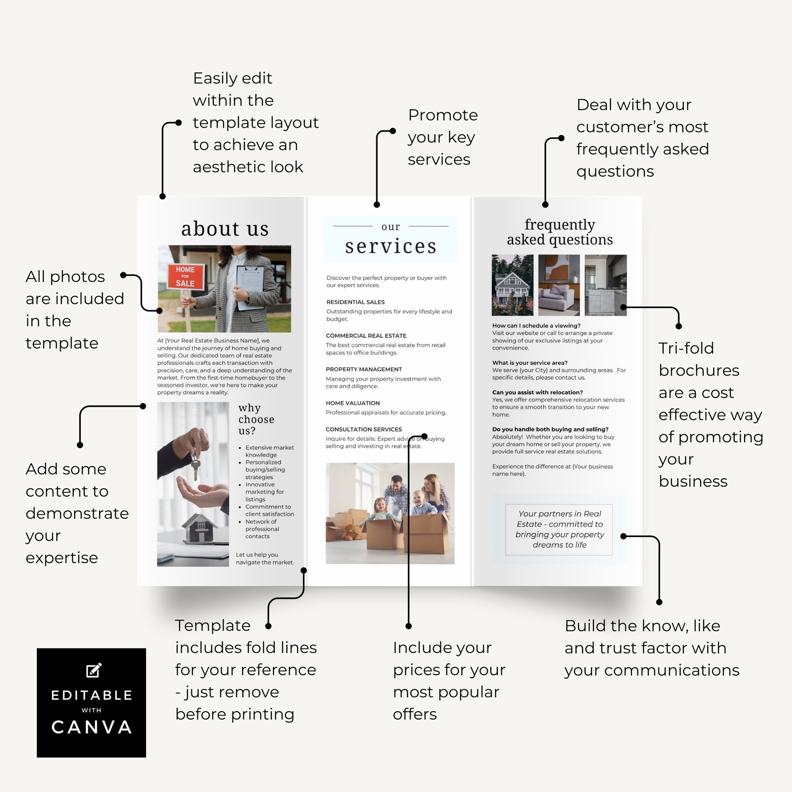 Real Estate Agent Trifold Leaflet Canva Template Flyer Editable ...