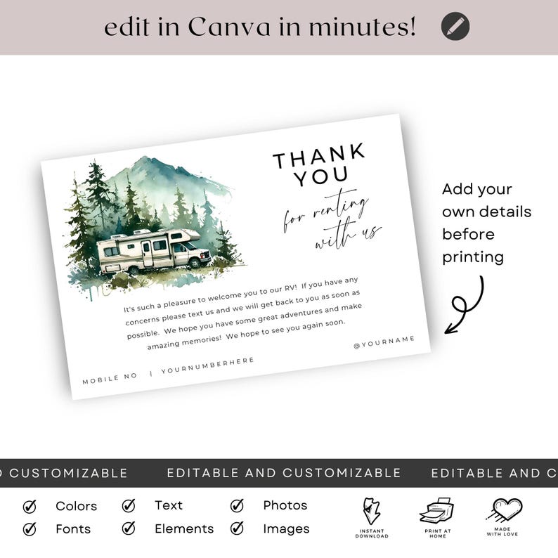 RV Rental Welcome Guest Card Bundle Motorhome Arrival Message Card ...