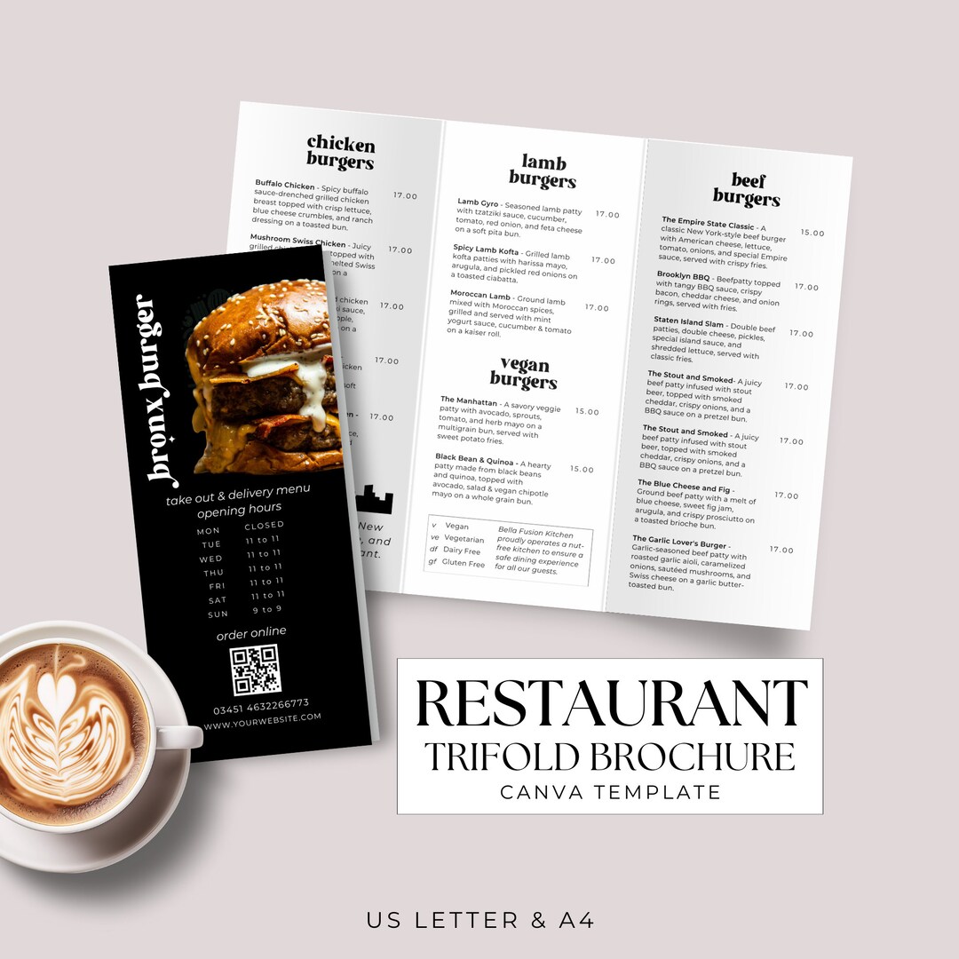 Trifold Menu Template Restaurant Burger Takeaway Lealflet Canva Pamplet ...