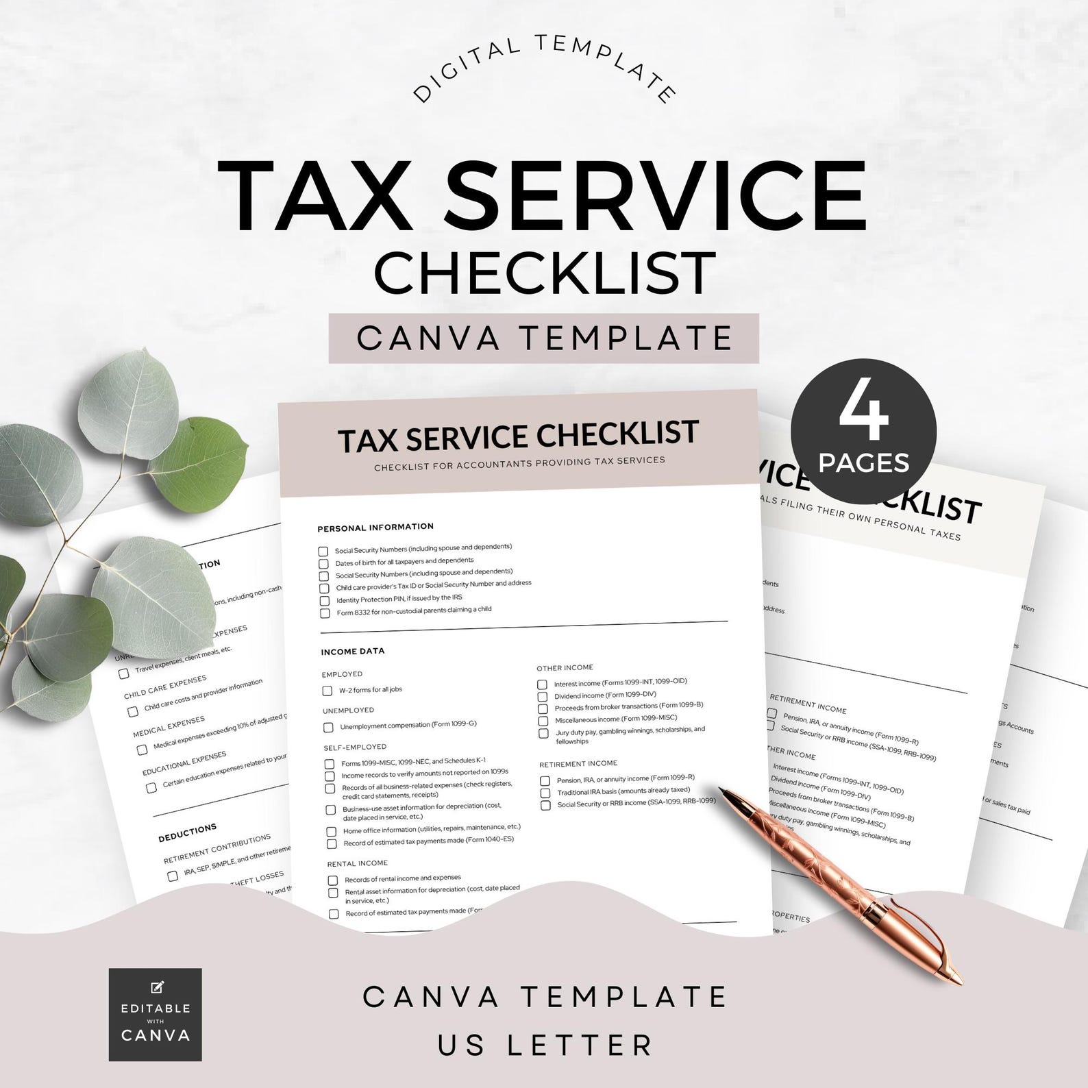 Tax Service Checklist Canva Template Taxes Preparation US Letter ...
