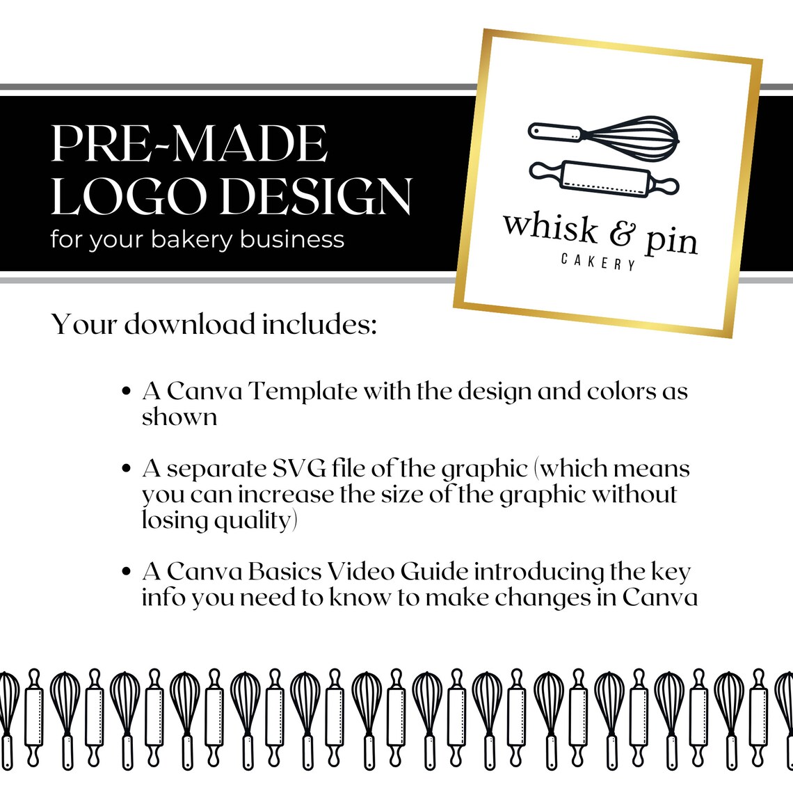 Logo for Bakery Business, Rolling Pin and Whisk, Canva Template and SVG ...