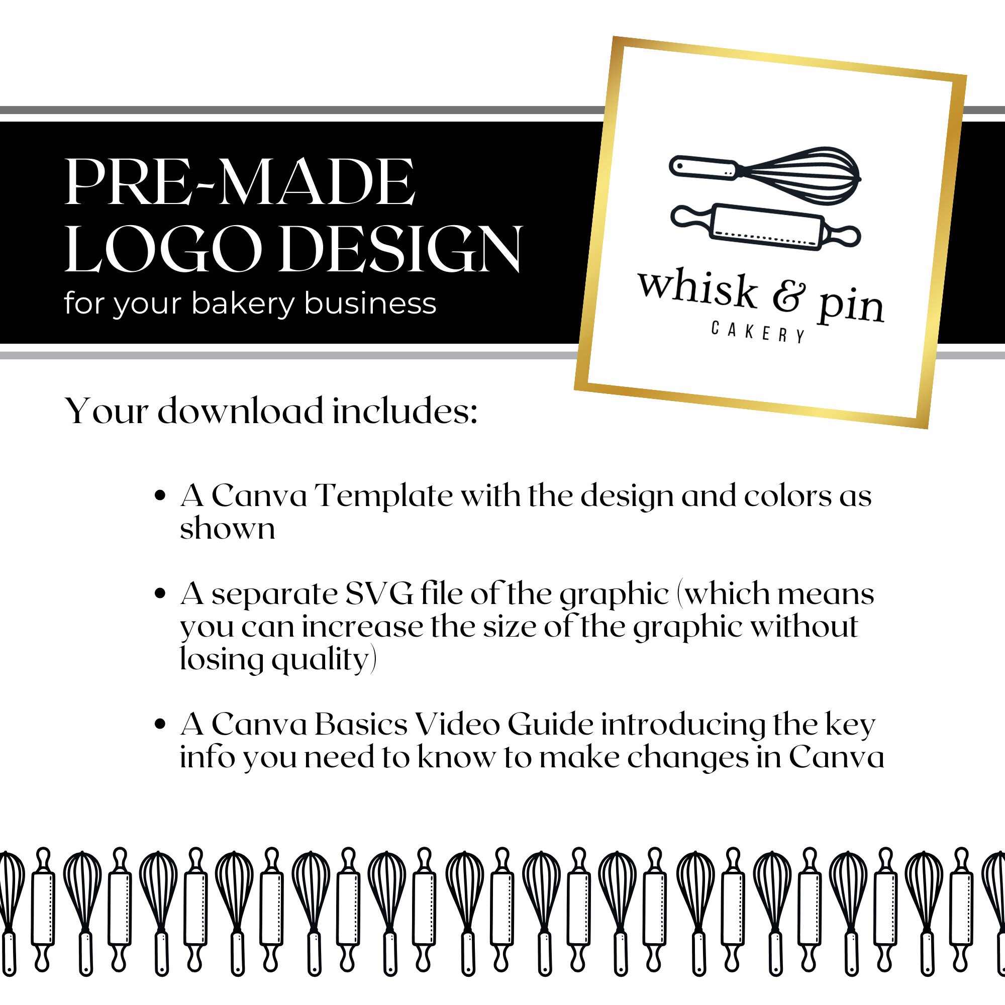 Logo for Bakery Business, Rolling Pin and Whisk, Canva Template and SVG ...