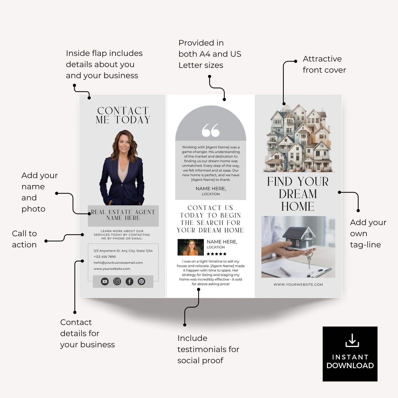 Real Estate Business Pamphlet, Canva Template, Editable Trifold ...