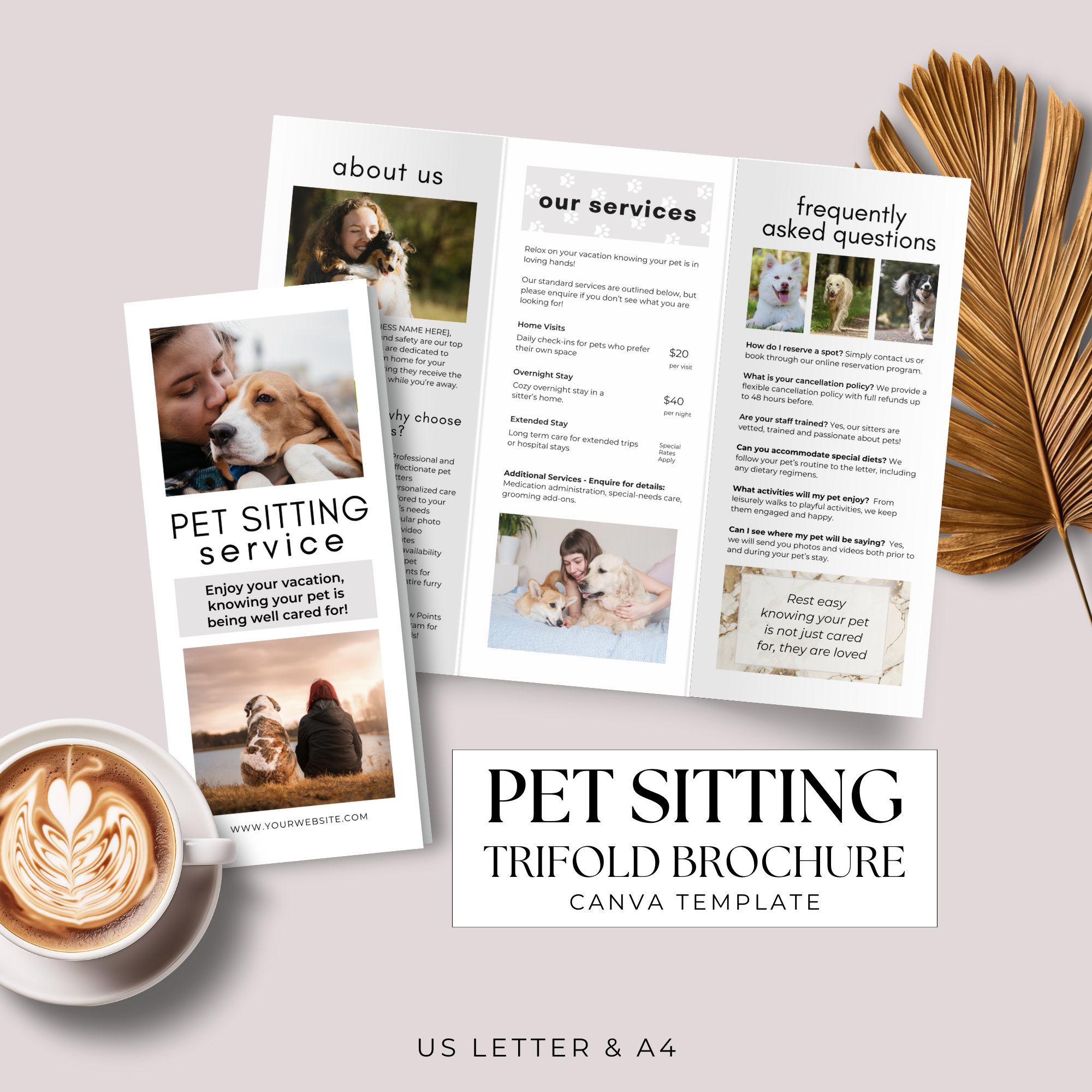 Pet Sitting Service Tri Fold Pamphlet Canva Template, Flyer Editable ...