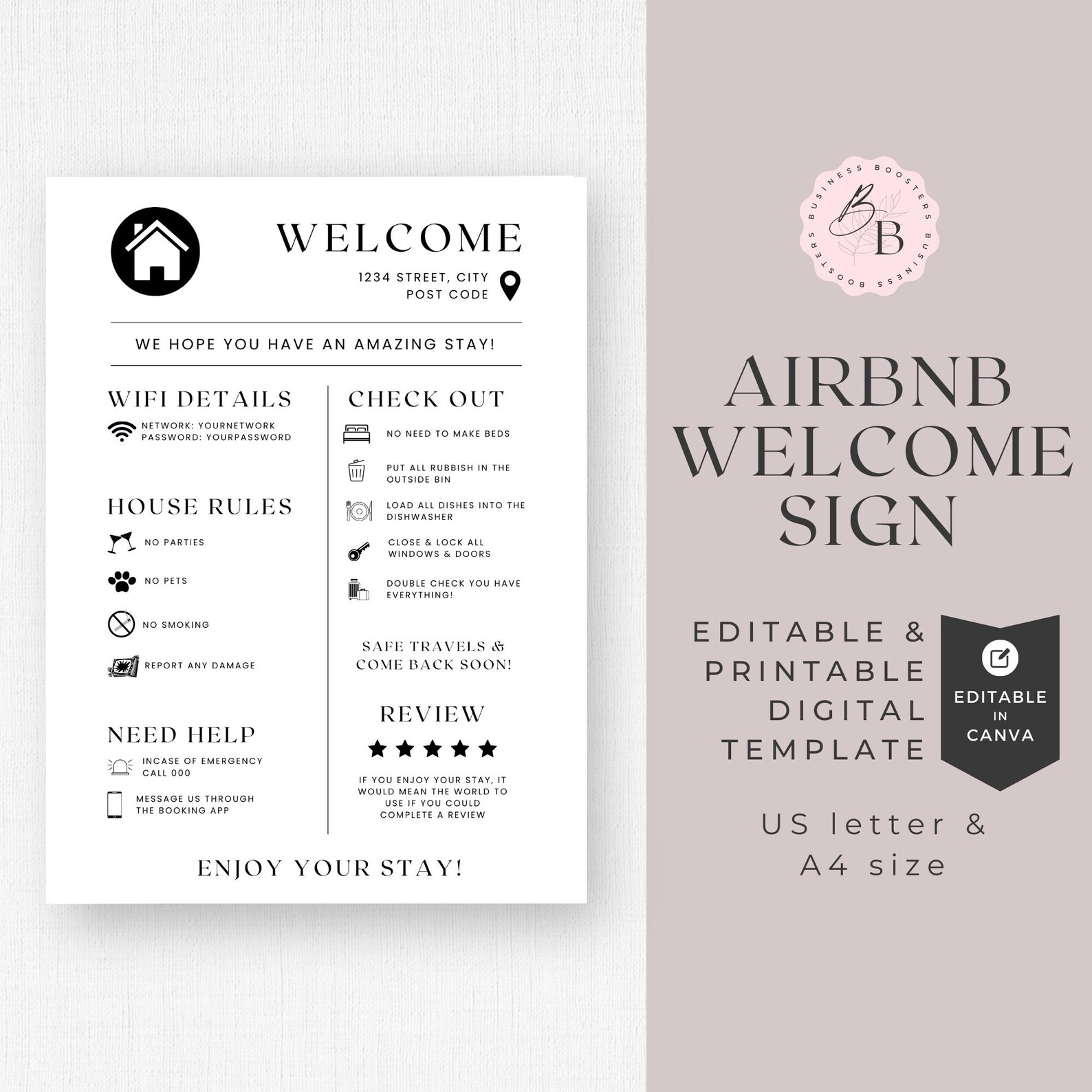 Airbnb Welcome Sign Canva Template Short Term Rental Signage Poster ...
