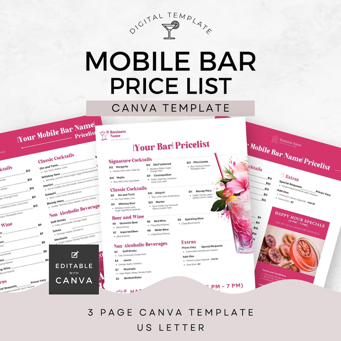 Mobile Bar Menu Bundle Price List Flyer Bartender Leaflet Canva ...
