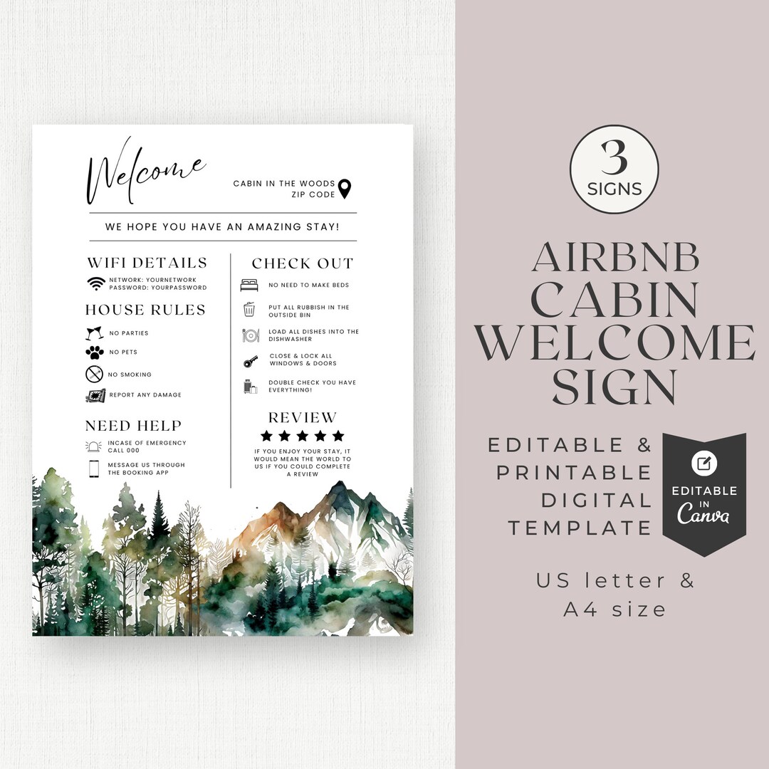 Airbnb Cabin Welcome Sign Canva Template, Short Term Rental Signage ...