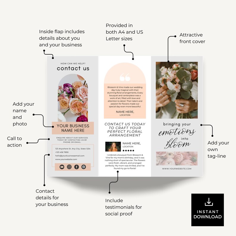 Floristry Business Tri Fold Leaflet Canva Template, Flyer Editable ...