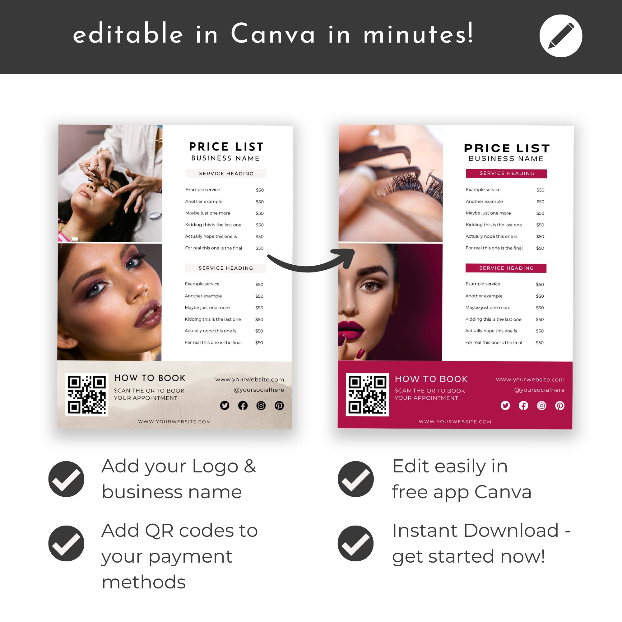 QR Code Integrated Price List Templates for Lash Techs, Pricing Poster ...