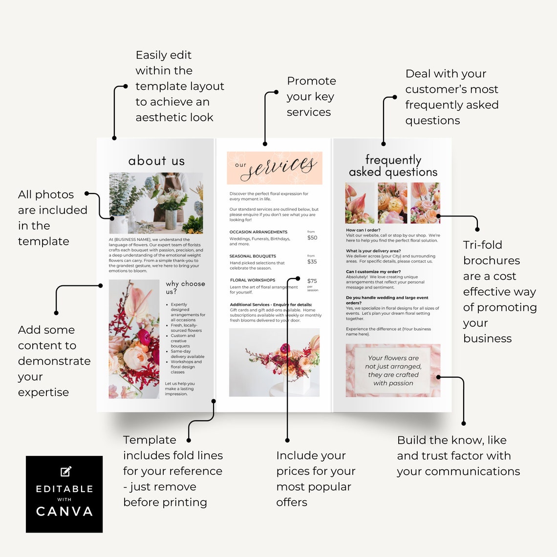 Floristry Business Tri Fold Leaflet Canva Template, Flyer Editable ...