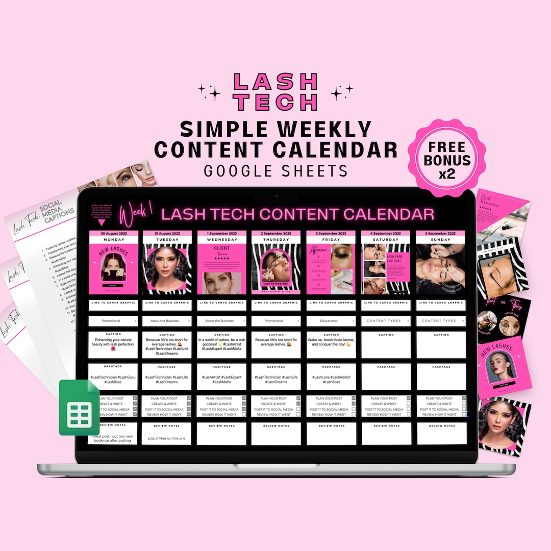 Content Planner for Lash Tech, Google Sheets Social Media Calendar Lash ...