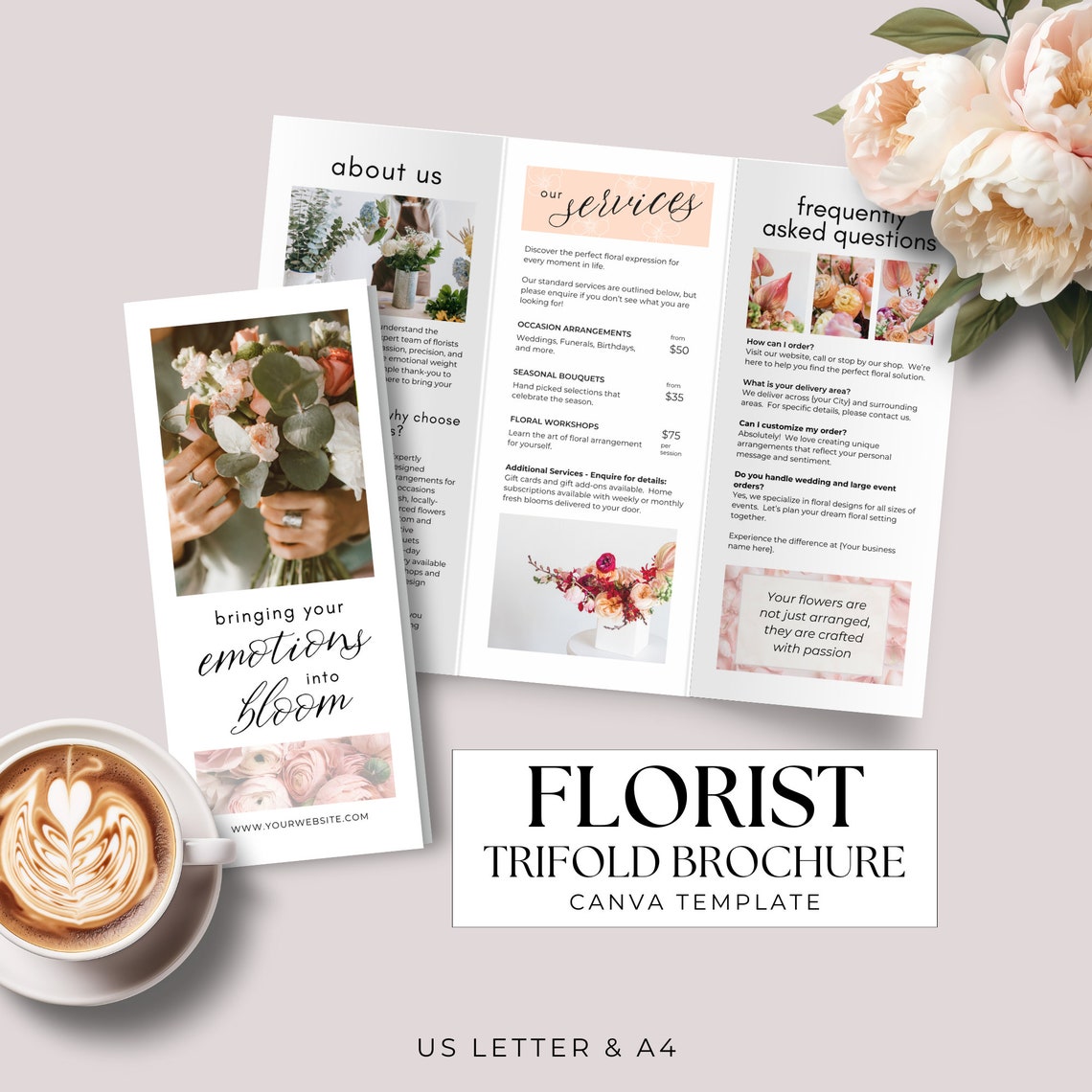 Floristry Business Tri Fold Leaflet Canva Template, Flyer Editable ...