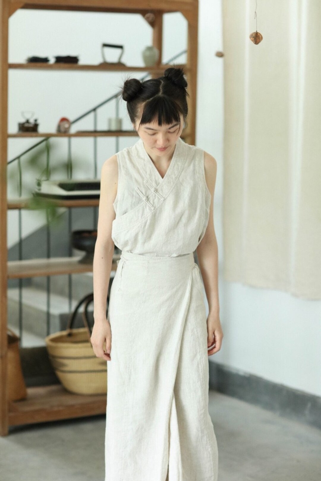 Black/beige Linen Dress Chinese Hanfu Qipao Dress Cheongsam - Etsy