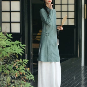 100% Cotton Pea Green Cheongsam Top Chinese Qipao Blouse Spring ...