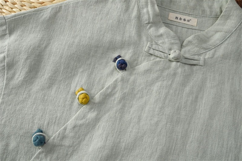 Ramie Cotton Shirt, Mandarin Collar, Qipao Top, China Frog Button, Long ...