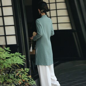 100% Cotton Pea Green Cheongsam Top Chinese Qipao Blouse Spring ...