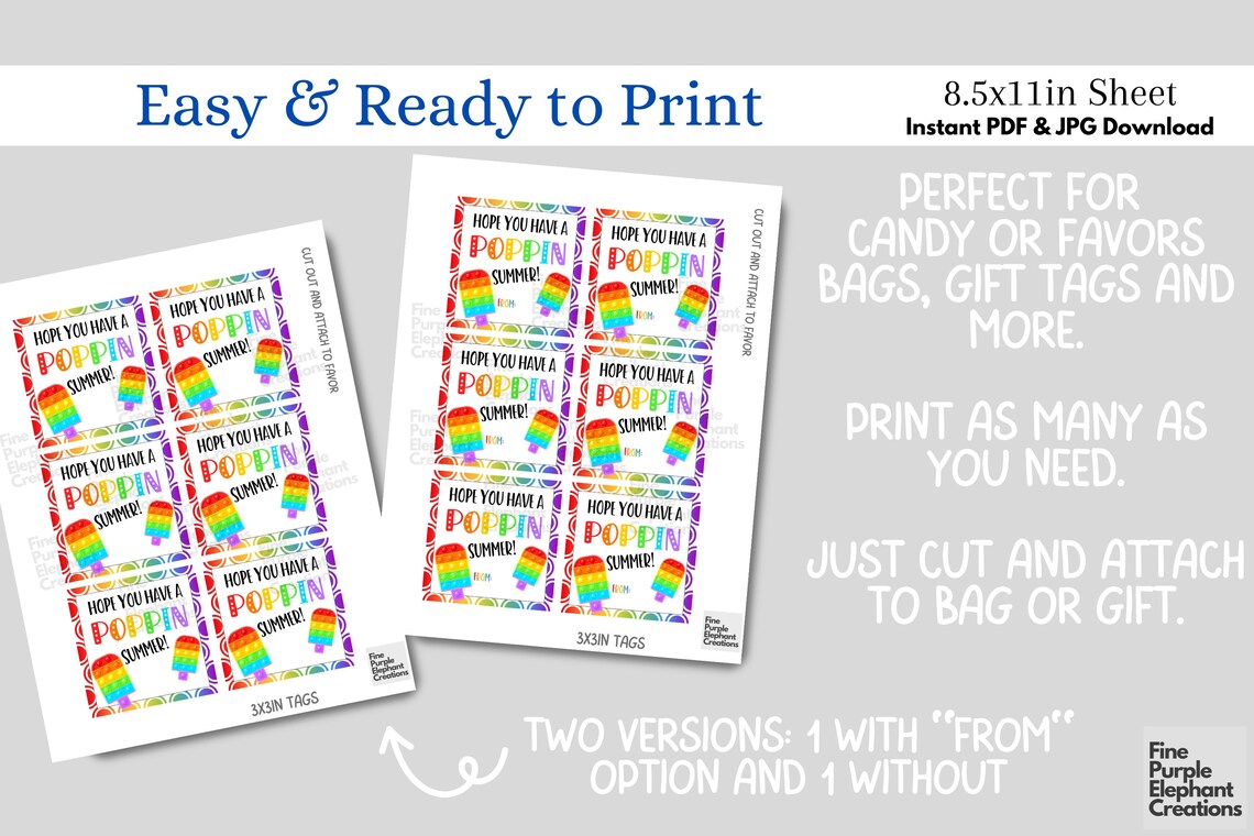 Printable Rainbow Summer Pop Fidget Toy Digital Paper Cards | Non-candy ...