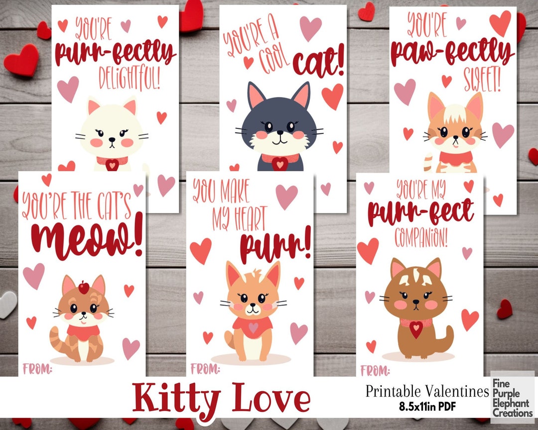 Printable Kids Cat Valentine Digital Paper Cards | Cute Heart Kitten ...