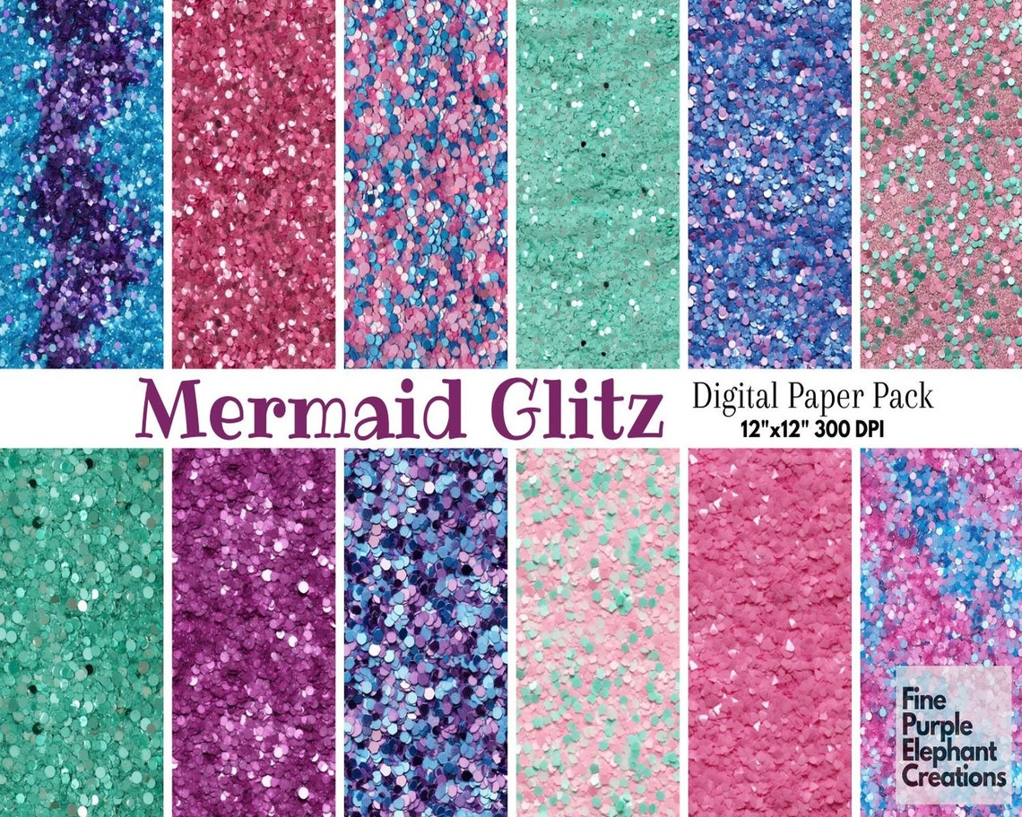 Chunky Mermaid Glitter Digital Paper Bright Girls Unicorn Scrapbook ...