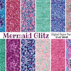 Chunky Mermaid Glitter Digital Paper Bright Girls Unicorn Scrapbook ...