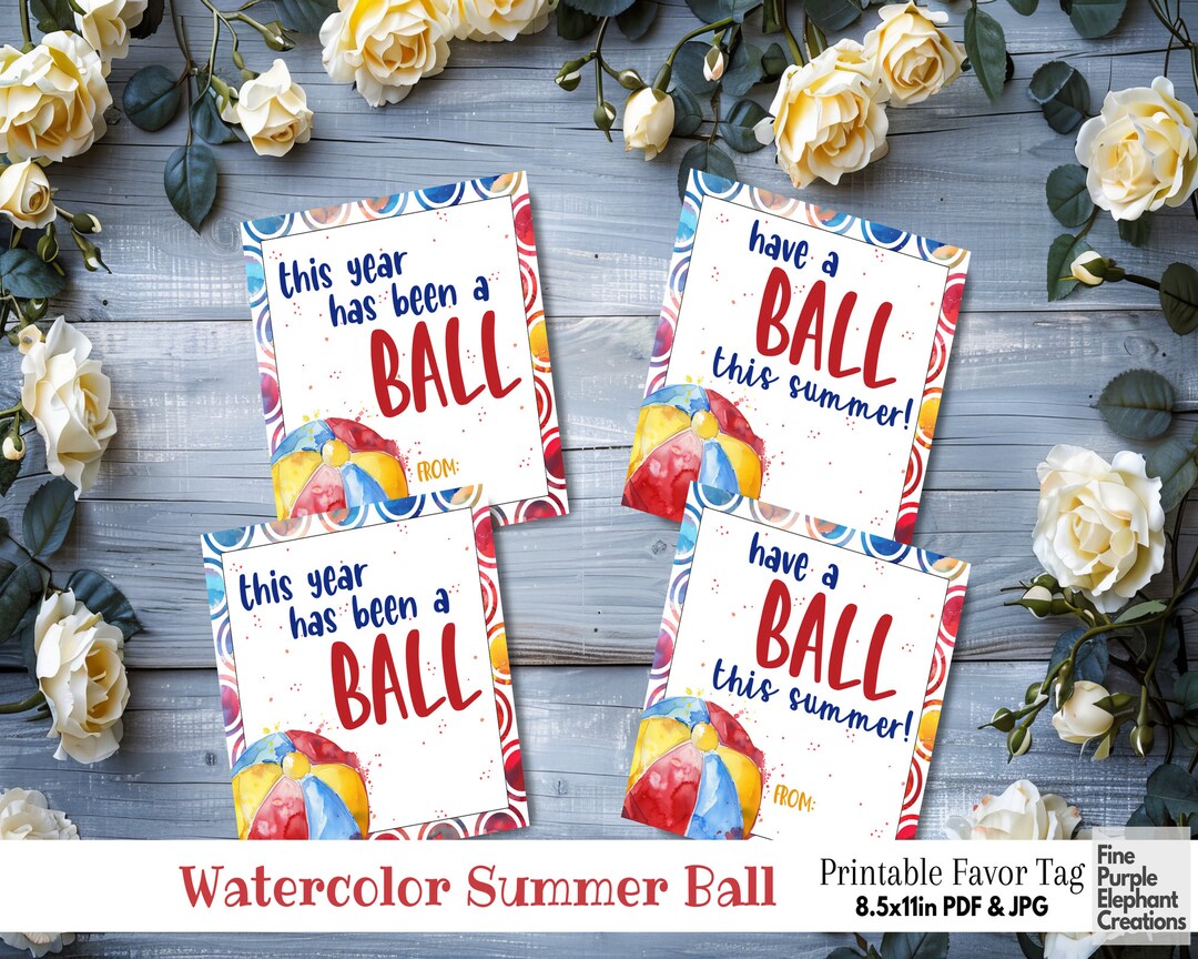Watercolor Beach Ball Printable Favor Tag Label- Personalized End ...