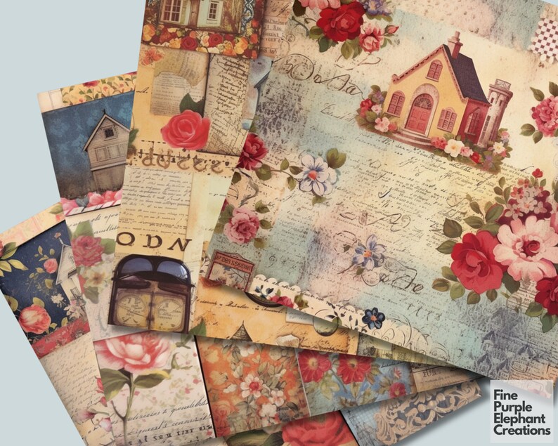 Vintage Scrapbook Style Digital Paper Stylized Junk Journal Printable Retro Paper Patterns ...