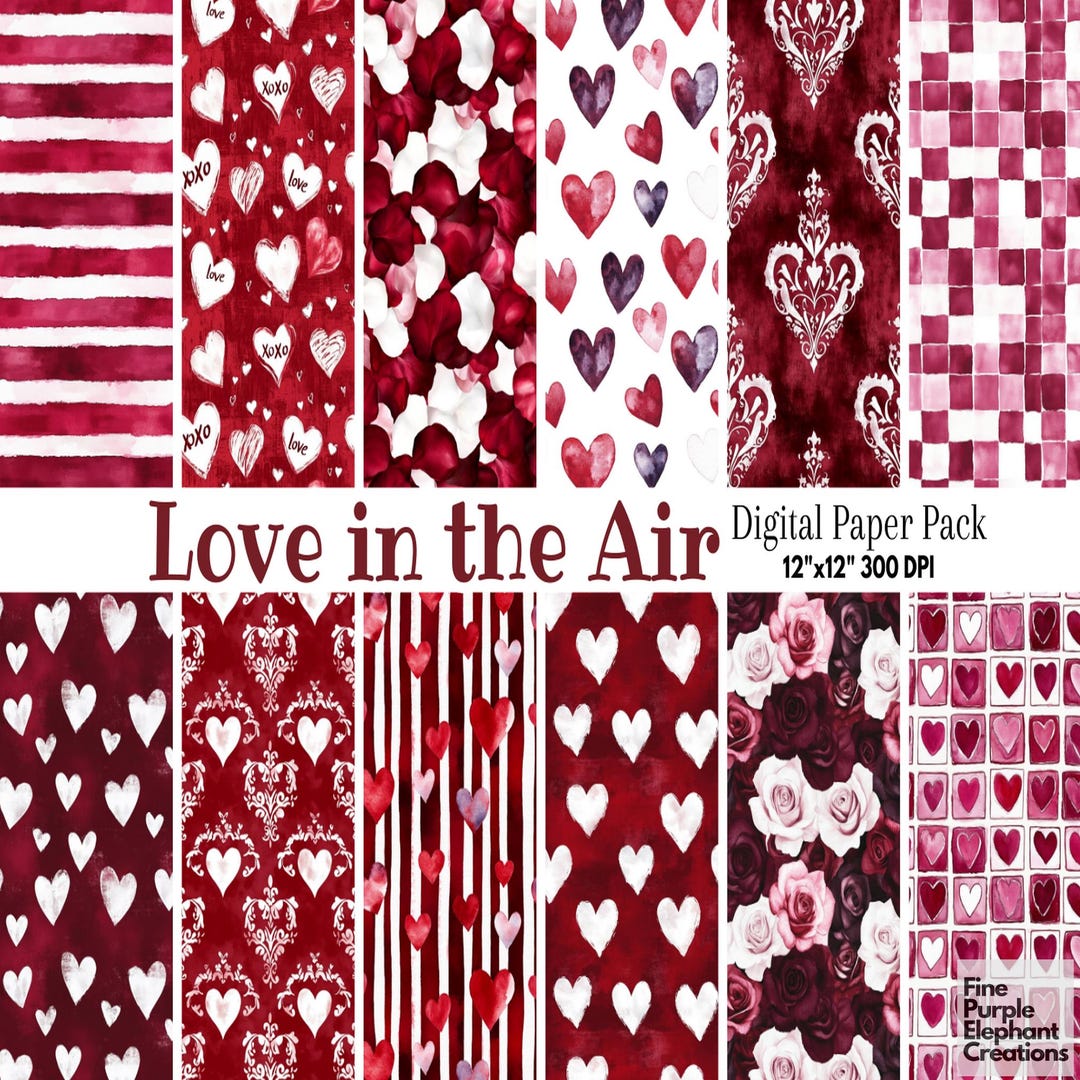 Watercolor Red Valentine Hearts Digital Paper | Deep Burgundy Romantic ...