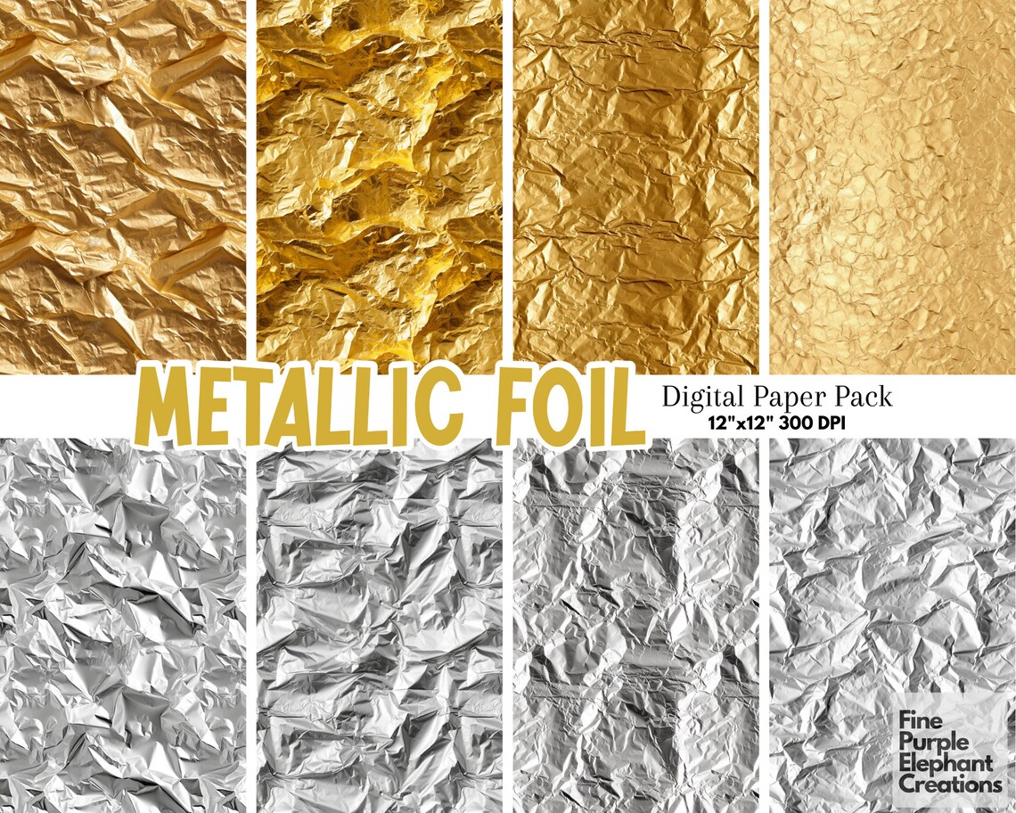 Metallic Foil Textures Digital Paper Wrinkled Gold Silver Metal Foil ...