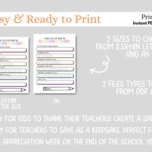 Teacher Appreciation Printable Digital Worksheet - Personalized End ...