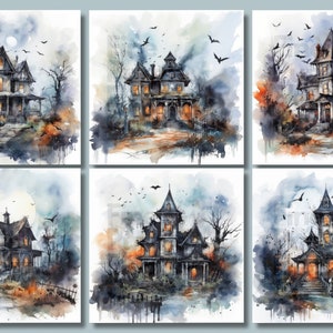 Watercolor Haunted House Digital Paper | Halloween Sublimation | HD ...