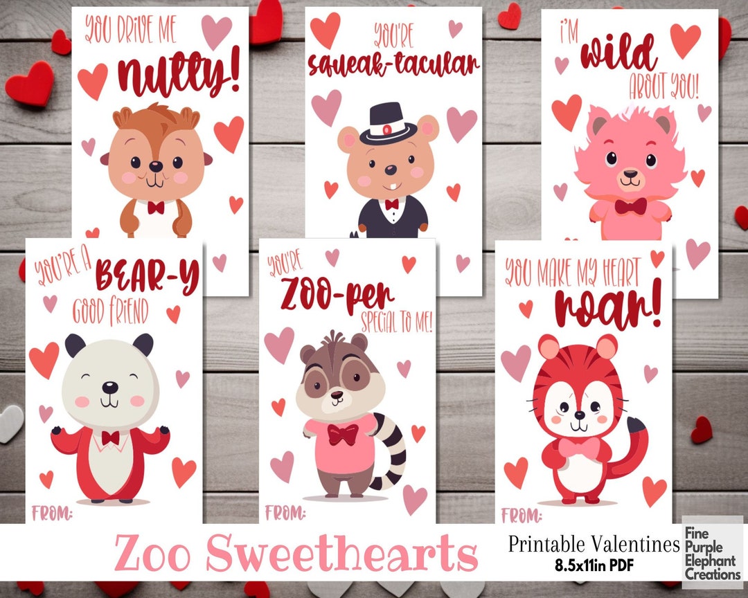 Printable Kids Zoo Valentine Digital Paper Cards | Cute Heart Animal ...