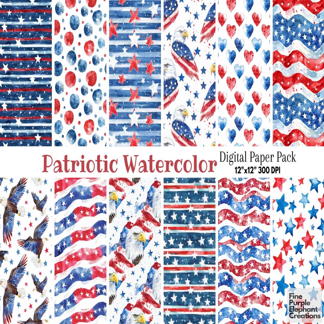 4th of July Watercolor Digital Paper - Patriotic American Independence ...