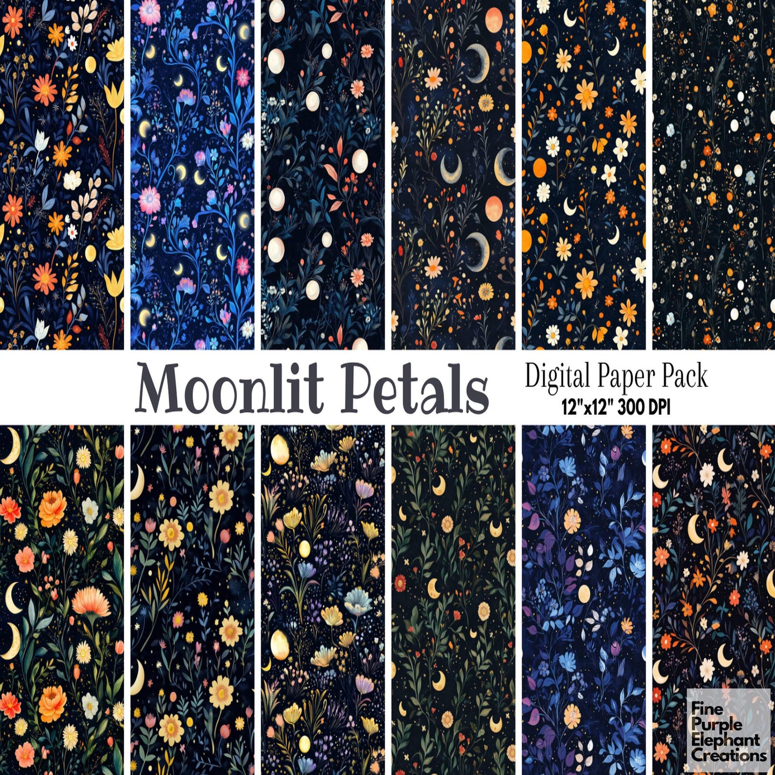 Moon Floral Night Digital Paper | Cosmic Celestial Space Sublimation ...