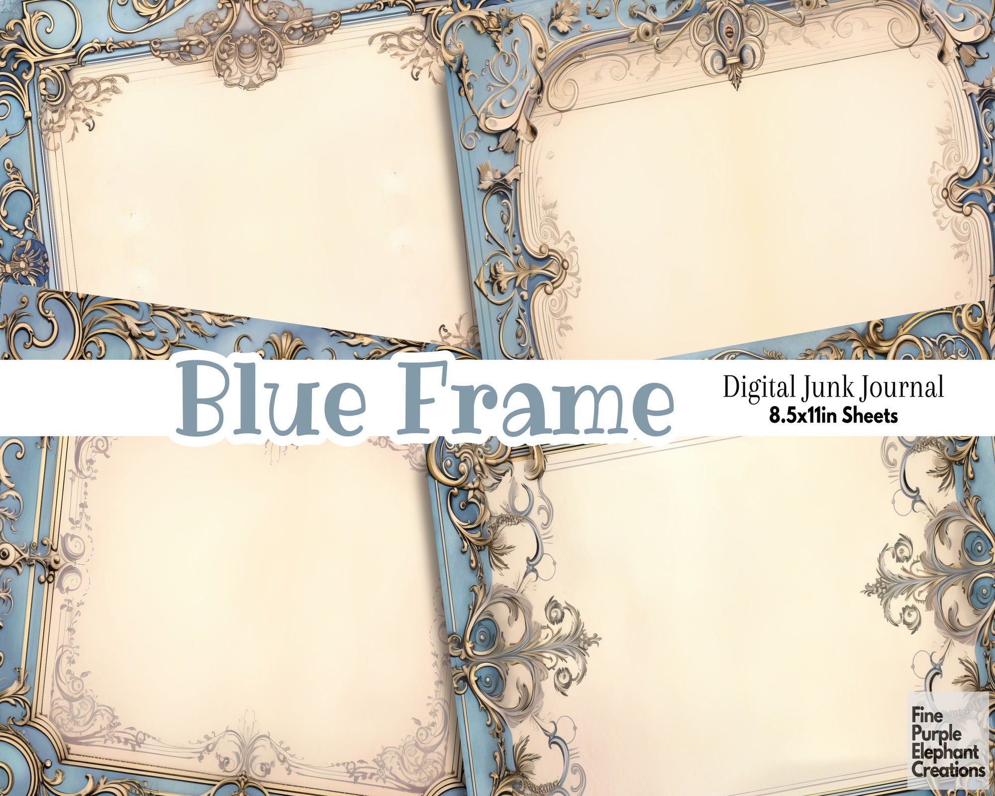 Blue Frame Paper Digital Junk Journal Pages Printable Scrapbook Collage ...