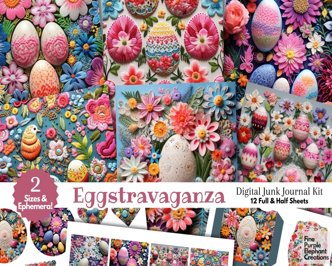 Embroidered Easter Eggs Digital Junk Journal Kit Half Pages |cute ...