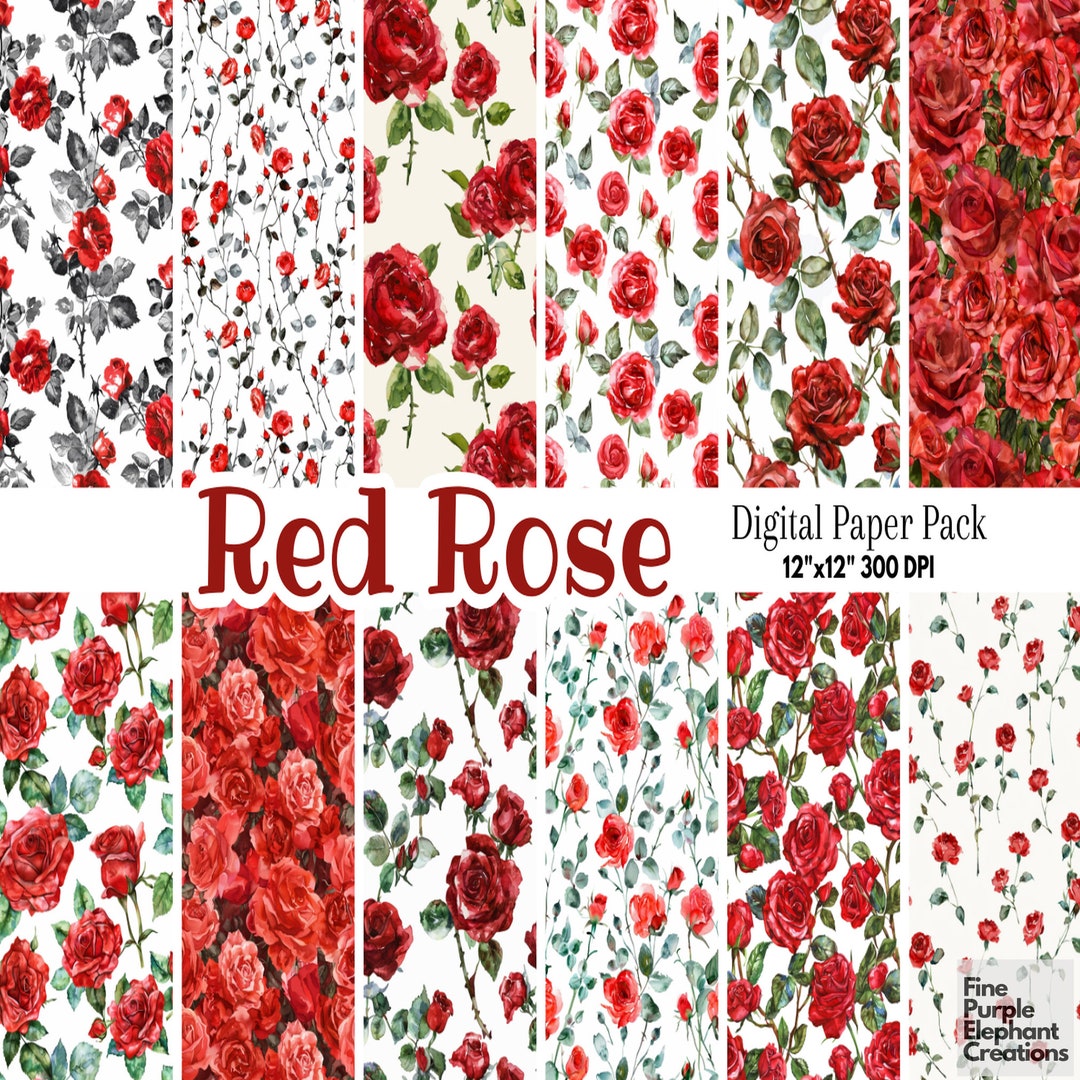 Watercolor Red Rose Flower Digital Paper | Deep Elegant Romantic ...