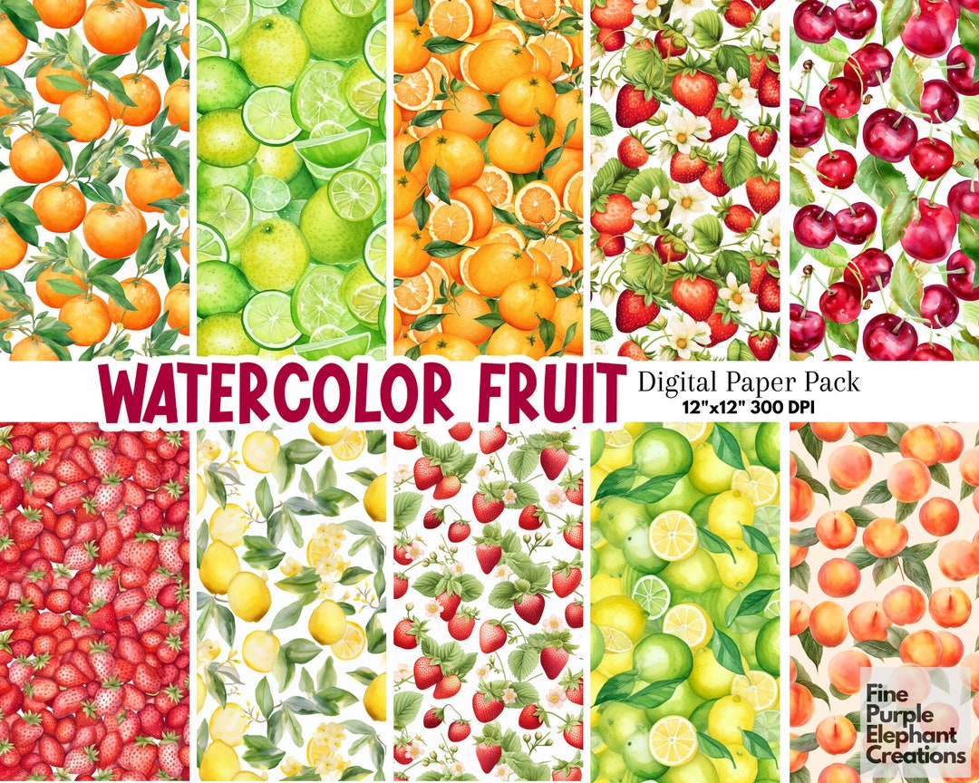 Watercolor Fruit Digital Paper Citrus Scrapbook Summer Berry ...