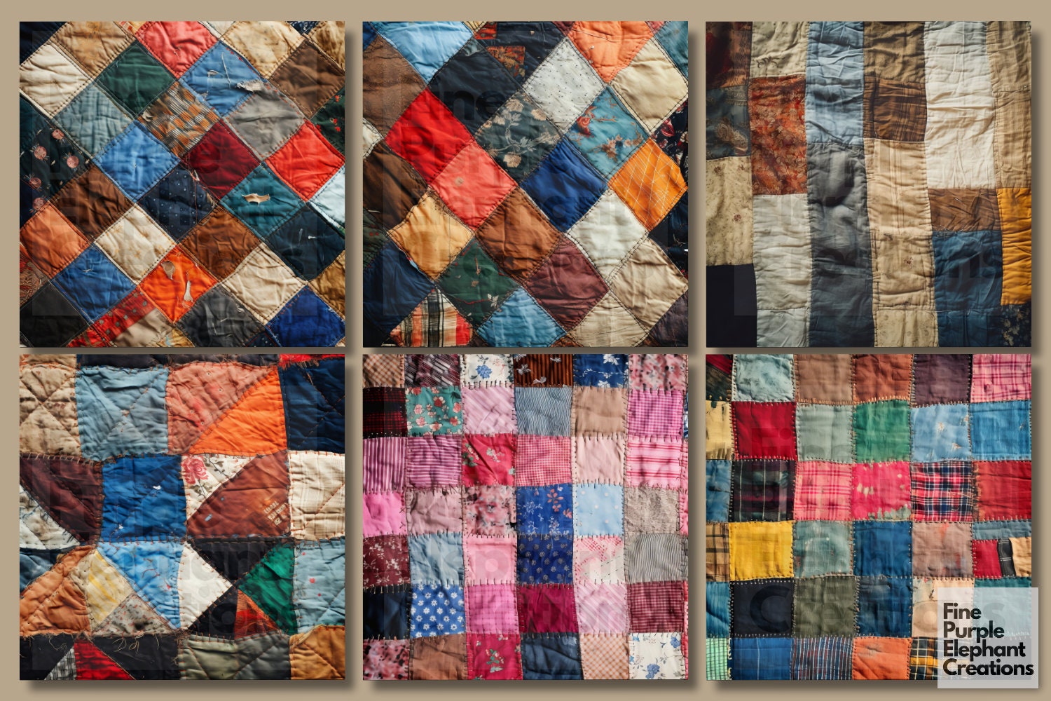 Old Patchwork Quilt Digital Paper Antique Grandma Sewn Stitched Fabric ...