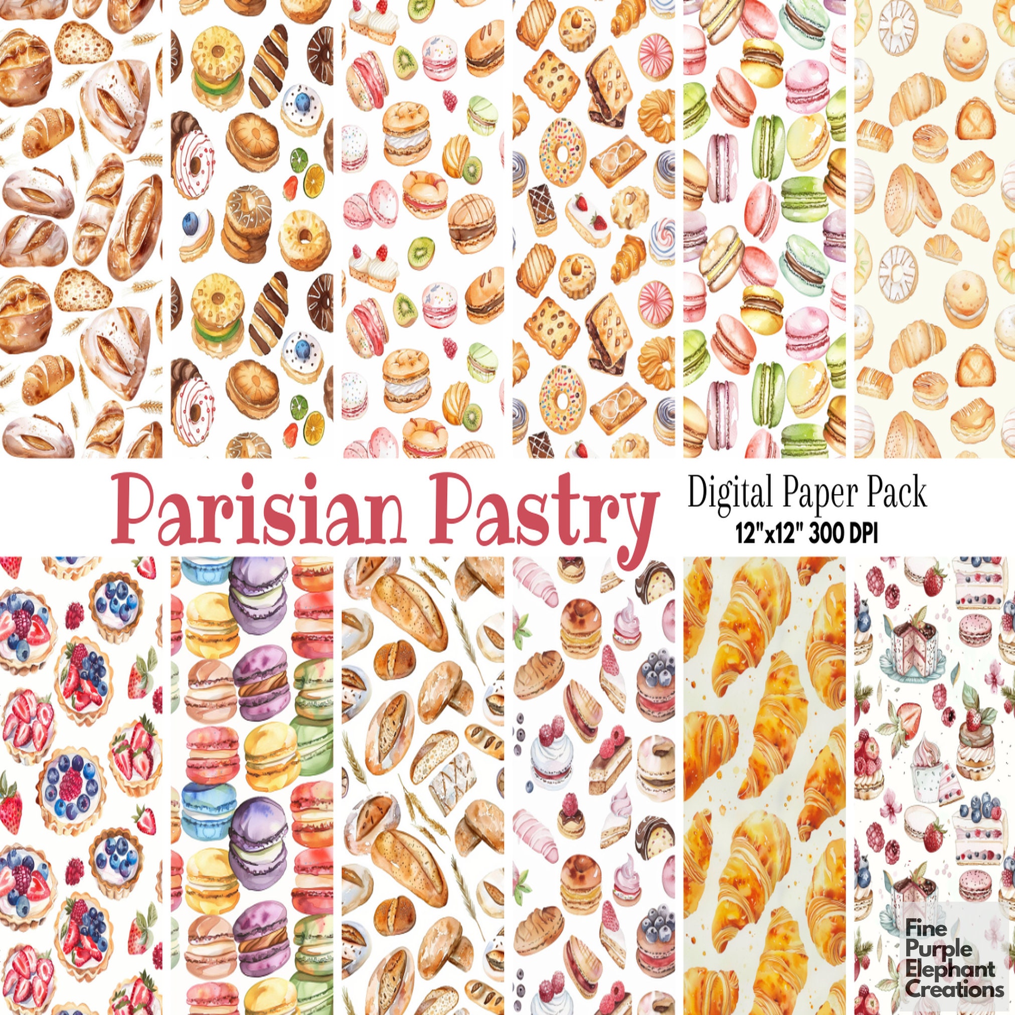 Watercolor Parisian Pastry Dessert Digital Paper - Recipe Scrapbook ...