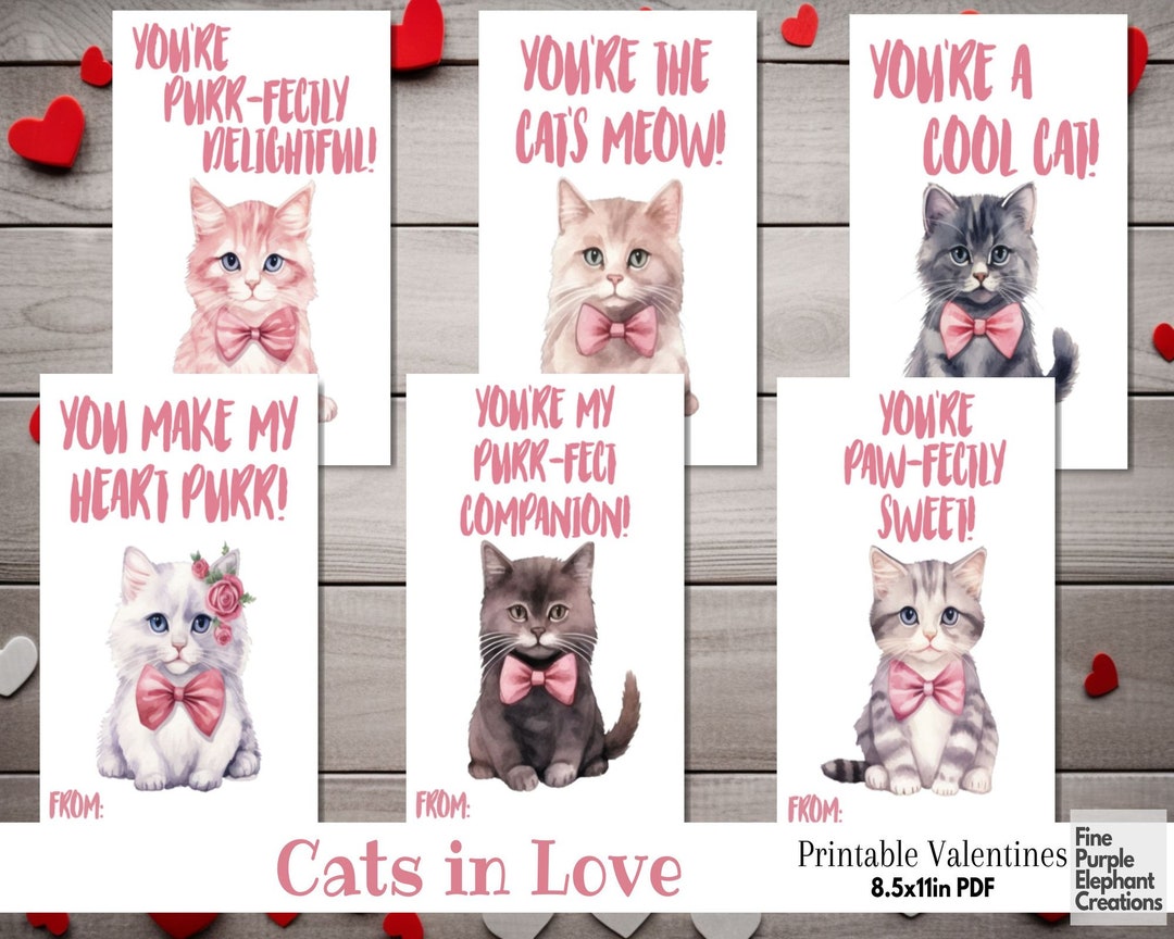 Printable Kids Cat Valentine Digital Paper Cards |cute Heart Kitten ...