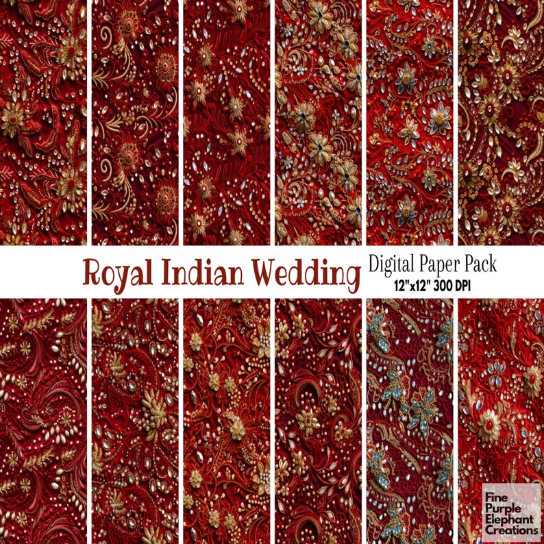Traditional Indian Wedding Digital Paper | Red Gold Beaded Sublimation ...