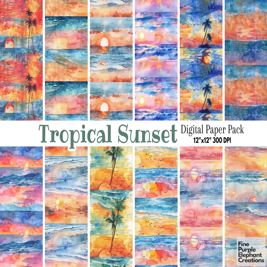 Watercolor Tropical Sunset Digital Paper | Hawaiian Island Beach Summer ...