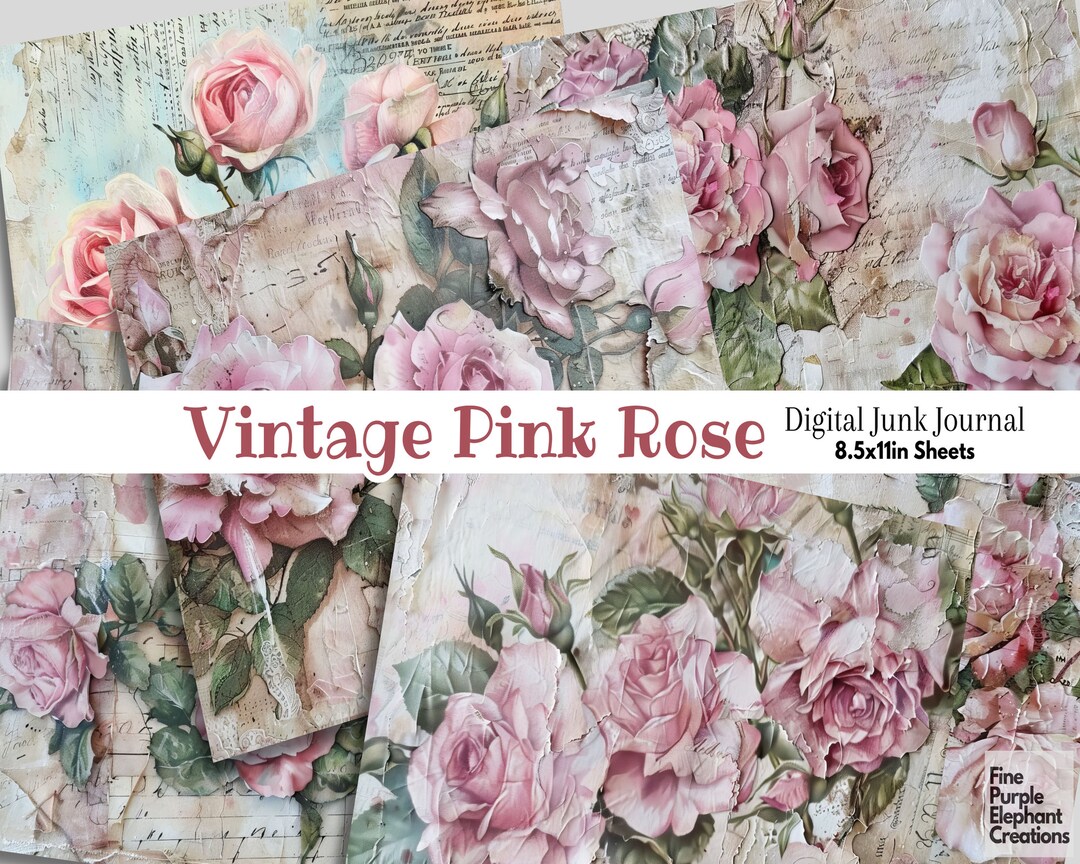 Pink Vintage Roses Digital Junk Journal Pages | Beautiful Printable ...