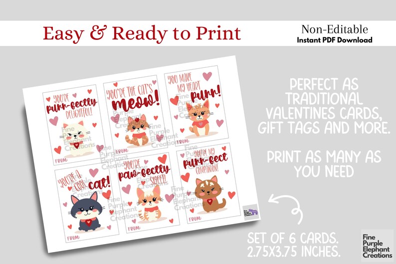 Printable Kids Cat Valentine Digital Paper Cards | Cute Heart Kitten ...