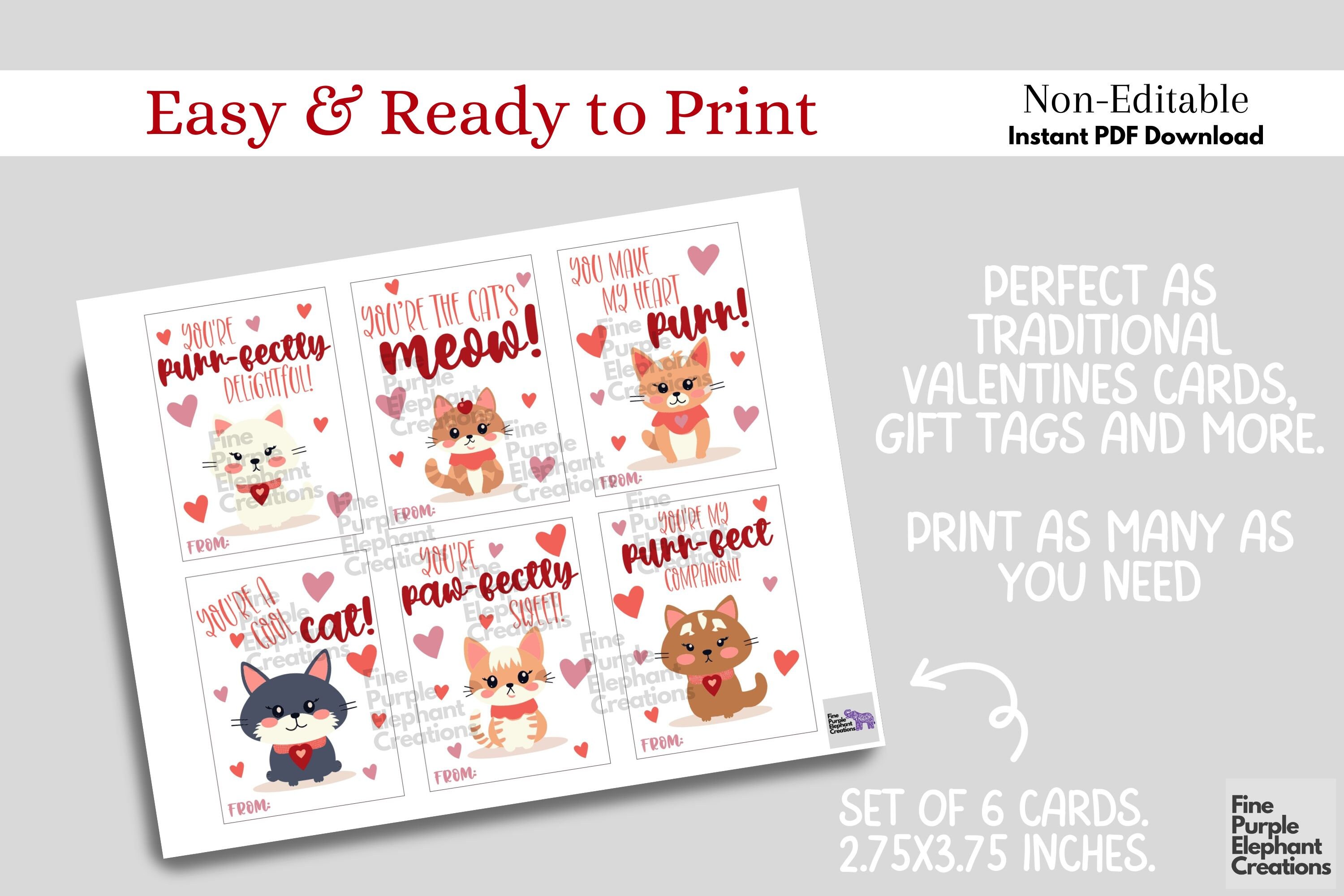 Printable Kids Cat Valentine Digital Paper Cards | Cute Heart Kitten ...