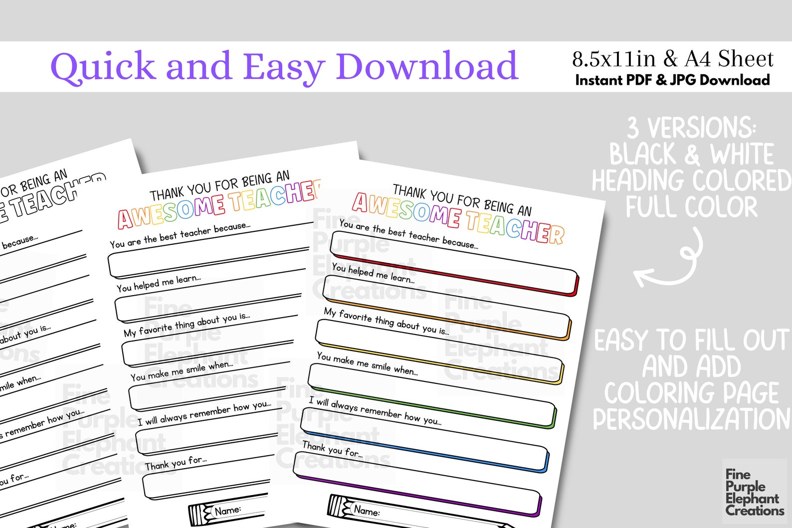 Teacher Appreciation Printable Digital Worksheet - Personalized End ...