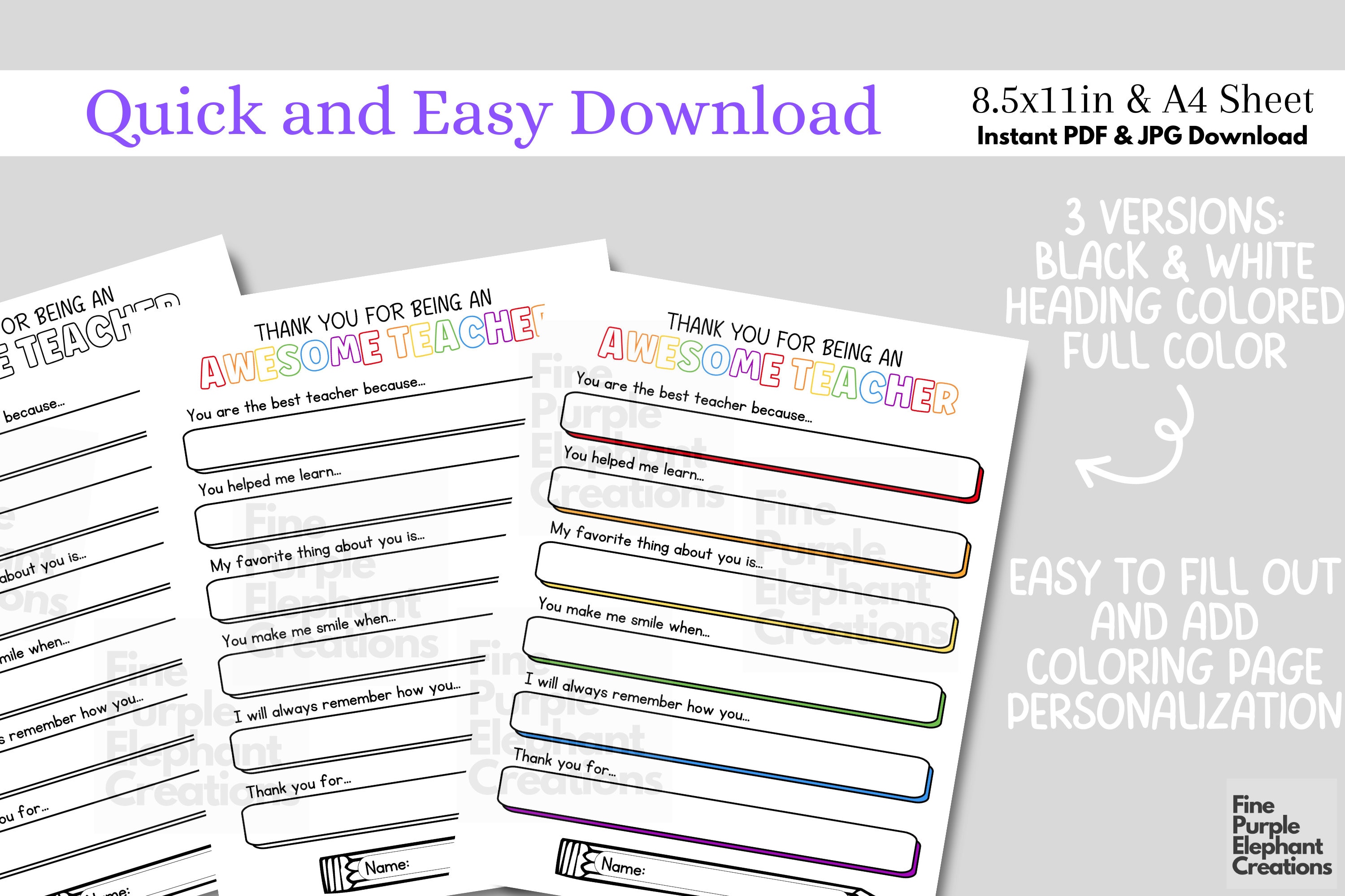 Teacher Appreciation Printable Digital Worksheet Personalized End ...